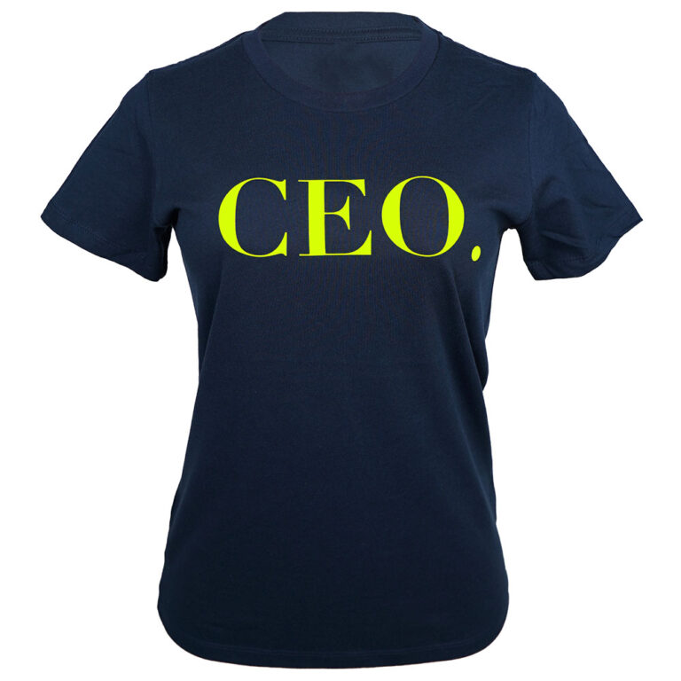 CEO – Neon Yellow – Ladies Navy Blue Tee – Shirtsy – On Demand Tee Printing